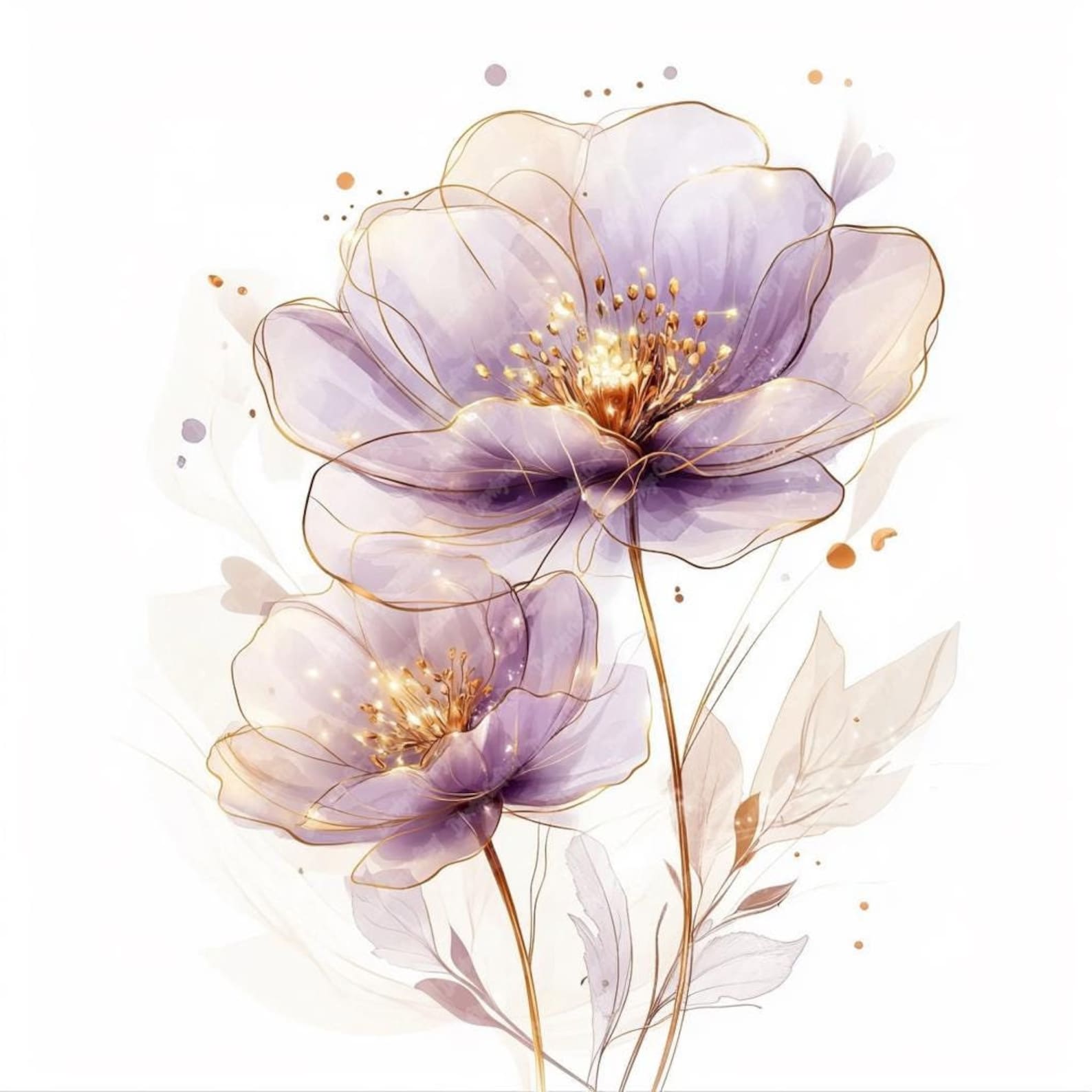 10 Purple and Gold Flowers Watercolor Clipart, Printable High Quality ...