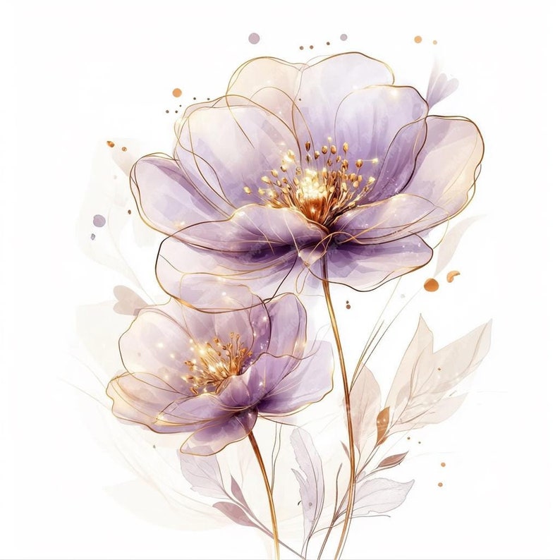 10 Purple and Gold Flowers Watercolor Clipart, Printable High Quality ...