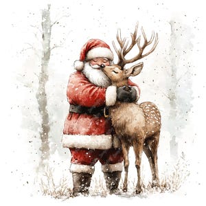 14 Santa Claus and Reindeer Christmas Watercolor Clipart, Printable ...