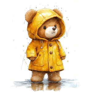 12 Cute Bear in Yellow Raincoat Watercolor Clipart Bundle, Baby Bear ...