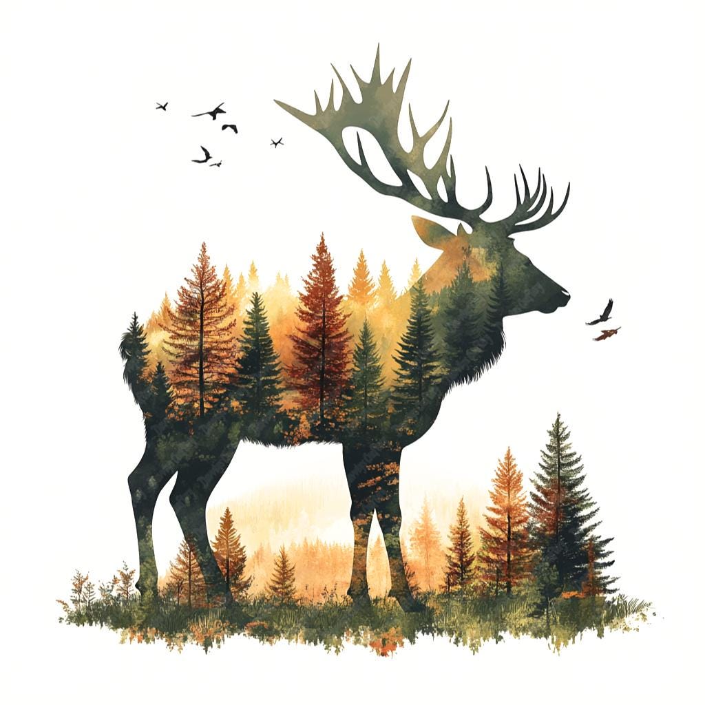 15 Double Exposure Stag and Forest Watercolor Clipart, Printable High ...