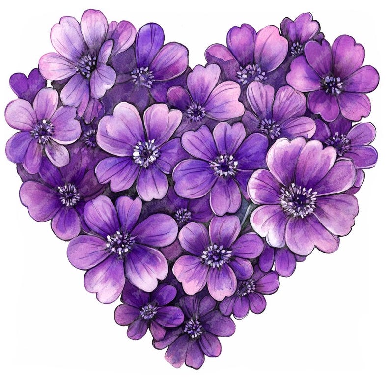 Purple Floral Heart Watercolor Clipart, Valentine's Day (JPG Images) - Etsy