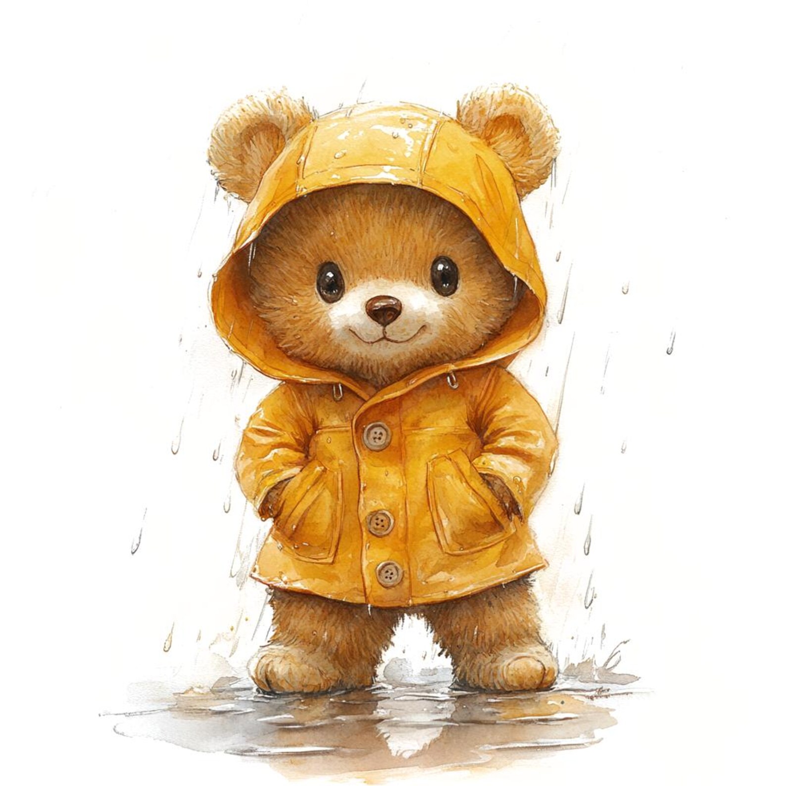12 Cute Bear in Yellow Raincoat Watercolor Clipart Bundle, Baby Bear ...