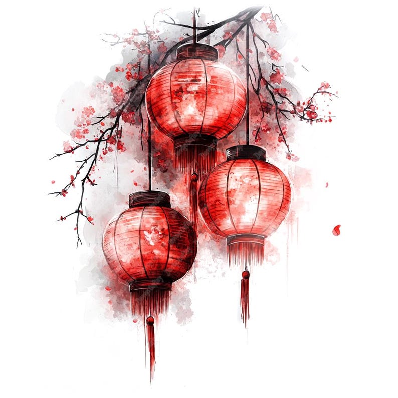 10 Red Chinese Paper Lantern Watercolor Clipart, Printable High Quality ...
