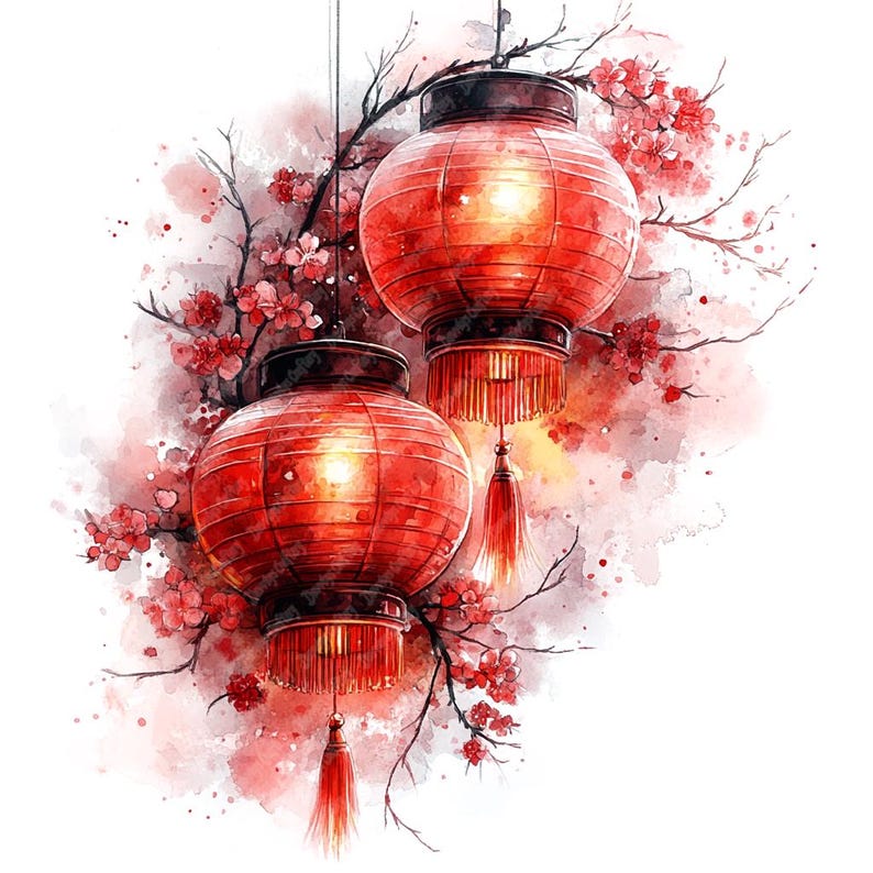 10 Red Chinese Paper Lantern Watercolor Clipart, Printable High Quality ...