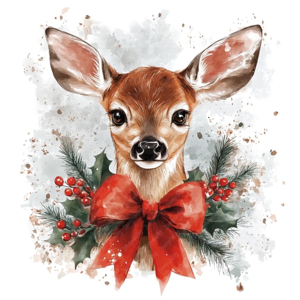 Christmas Fawn Watercolor Clipart, Baby Reindeer JPG Images (digital ...