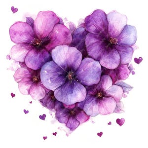 10 Purple Flower Heart Watercolor Clipart, Printable High Quality ...