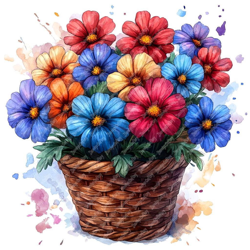 13 Flower Basket Watercolor Clipart, Printable High Quality Watercolor ...