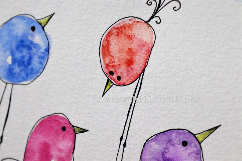 Four Rainbow Goofy Birds Watercolor Ooak - Etsy