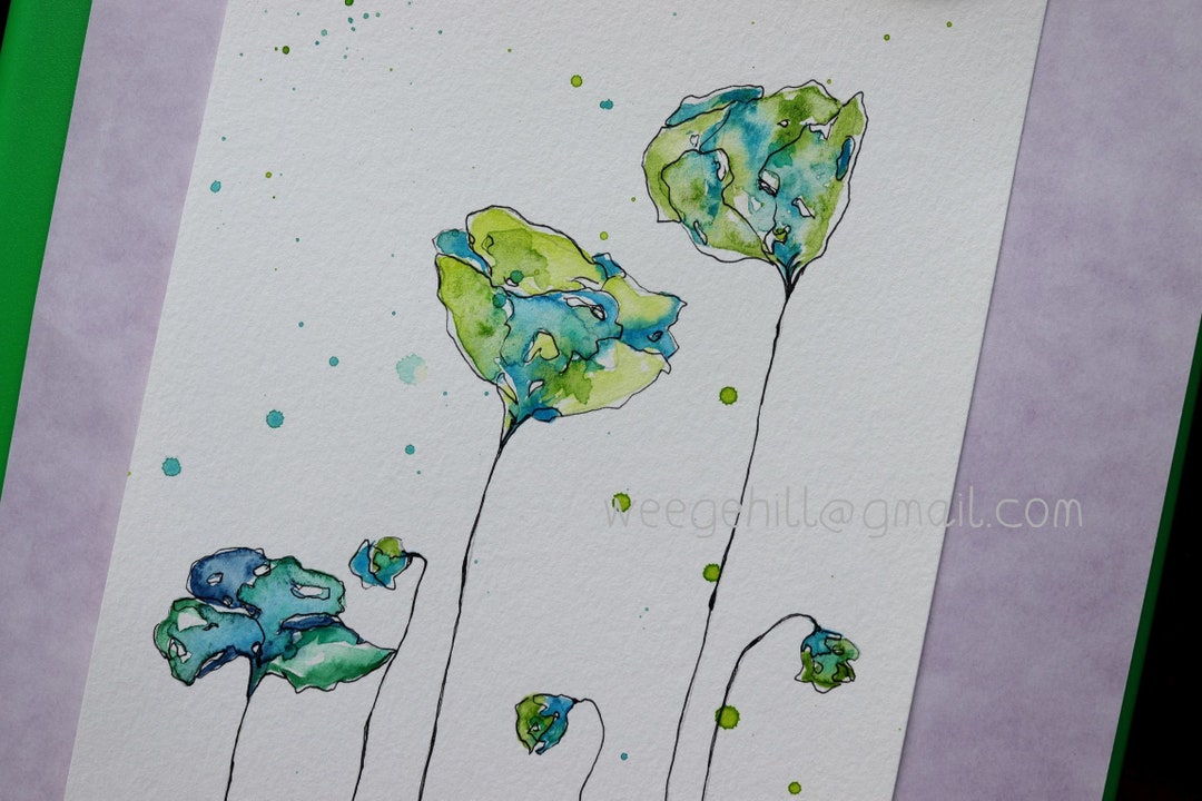 Blue Green Abstract Flowers Watercolor Painting Ooak Original - Etsy