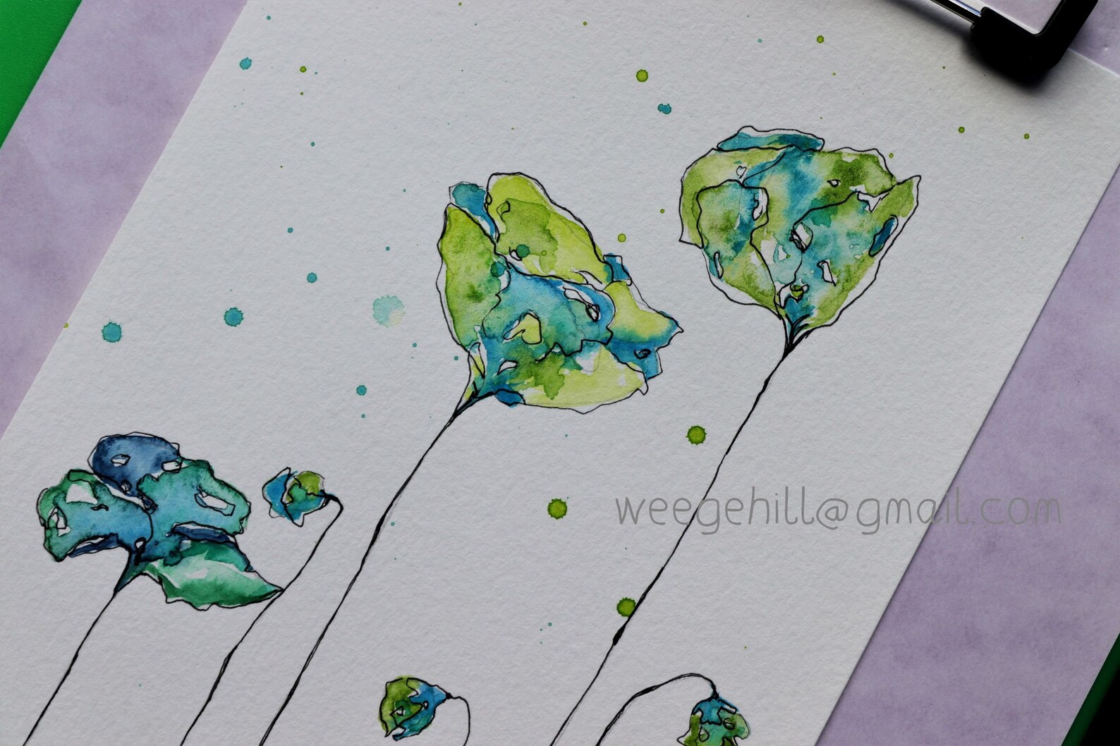 Blue Green Abstract Flowers Watercolor Painting Ooak Original - Etsy