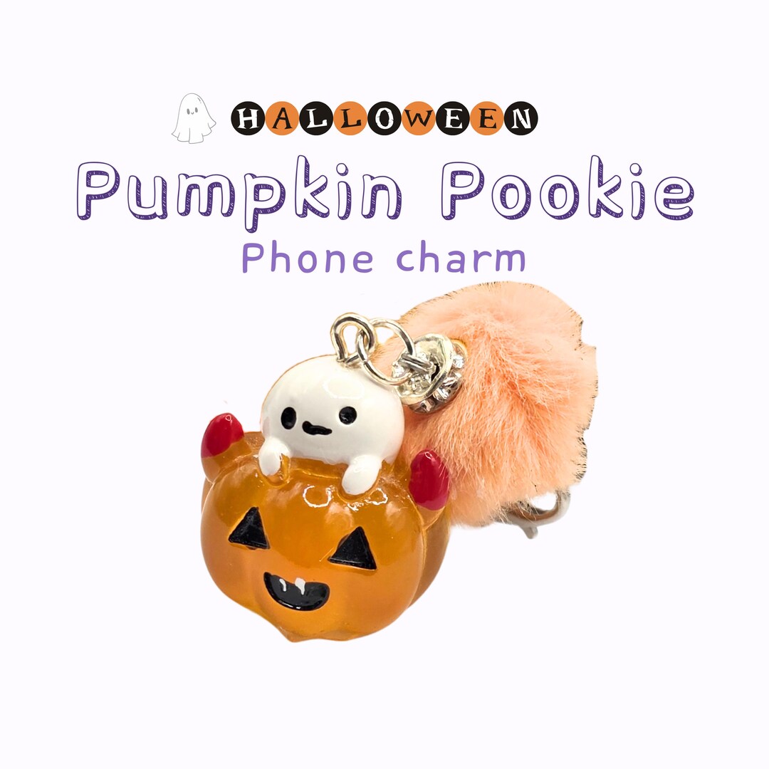 Halloween Pumpkin Pookie Phone Charm | Cute Spooky Trinket Pompom Bead ...