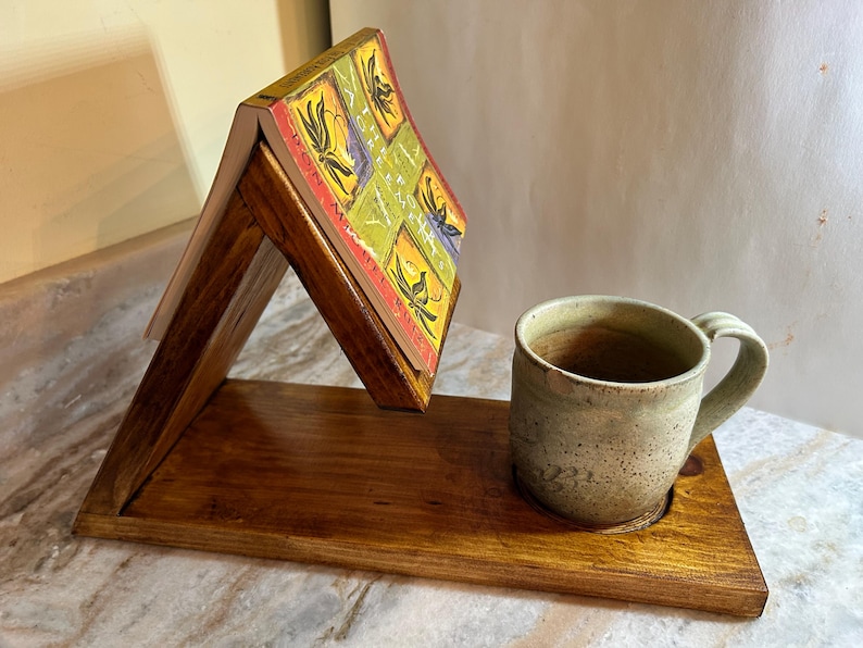 Wooden Triangle Book Stand: Reading Nook Valet With Cup Holder - Etsy