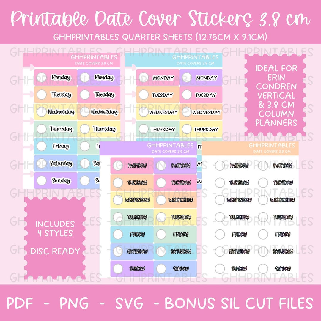Planner Date Covers Vertical 3.8cm DIGITAL & PRINTABLE Stickers ...