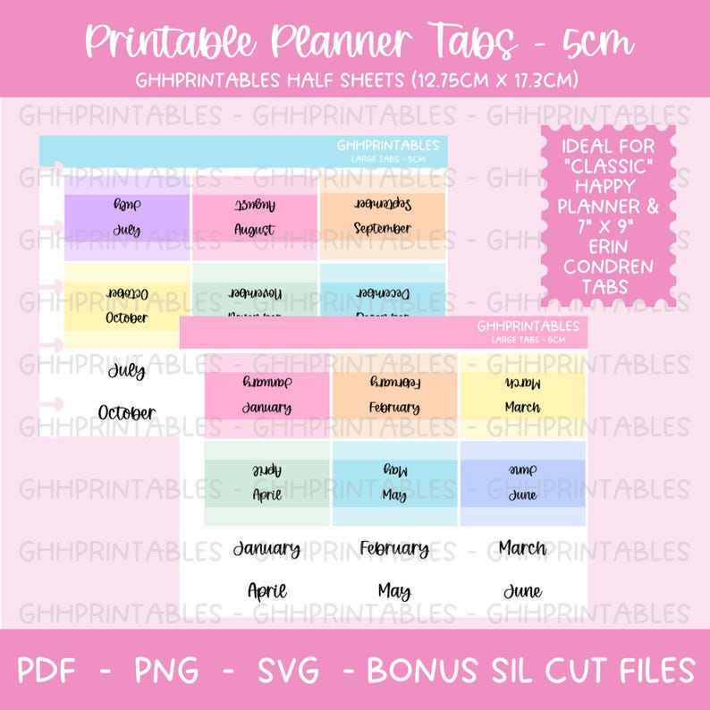Planner Month Tabs Large 5cm 7x9" DIGITAL & PRINTABLE Stickers ...