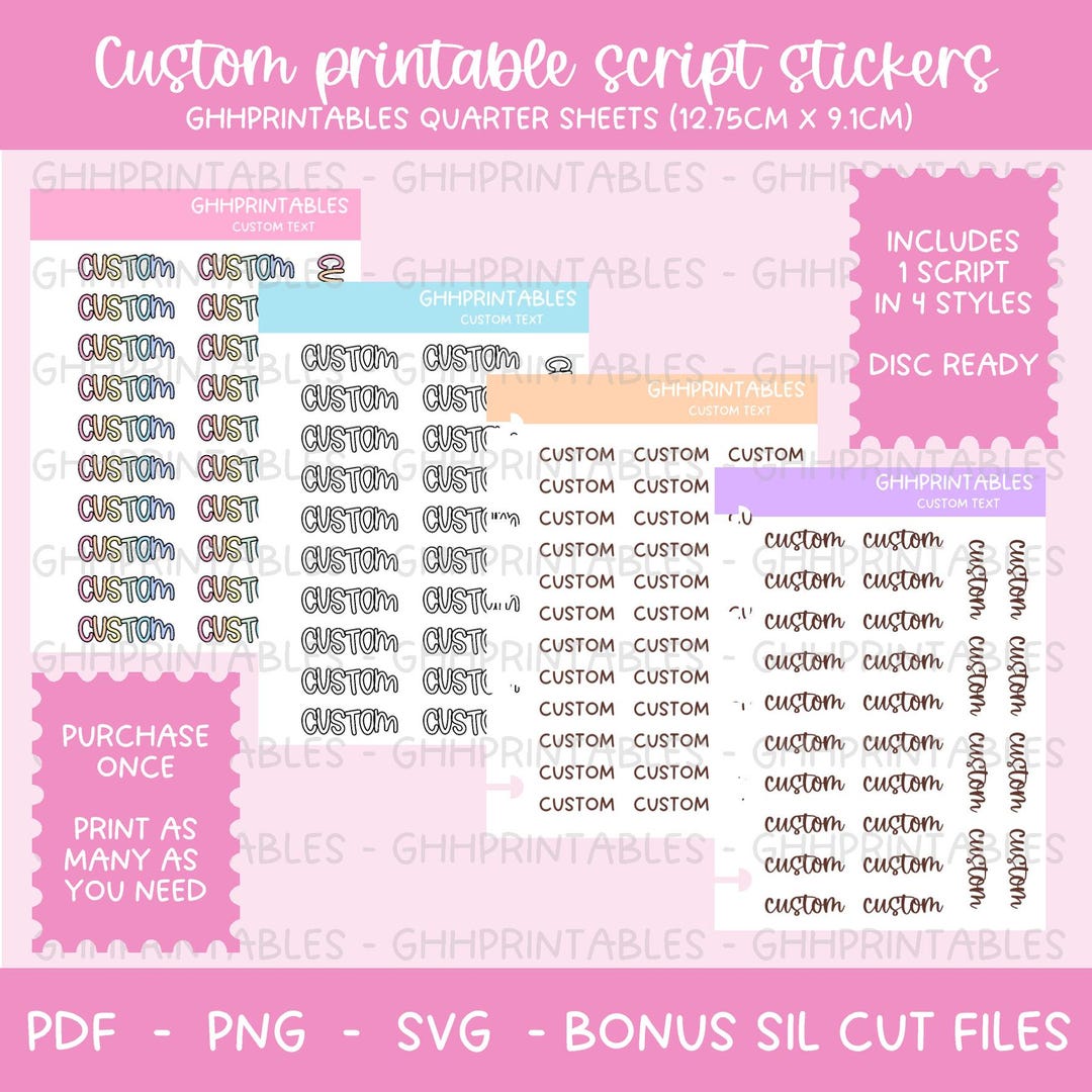 Custom Script Text in 4 Styles DIGITAL & PRINTABLE Stickers, Silhouette ...