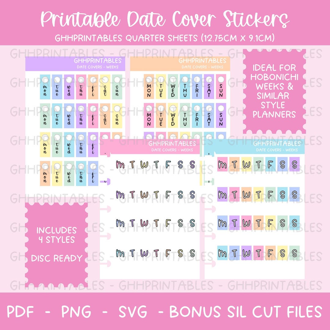 Planner Date Covers Weeks DIGITAL & PRINTABLE Stickers, Silhouette ...