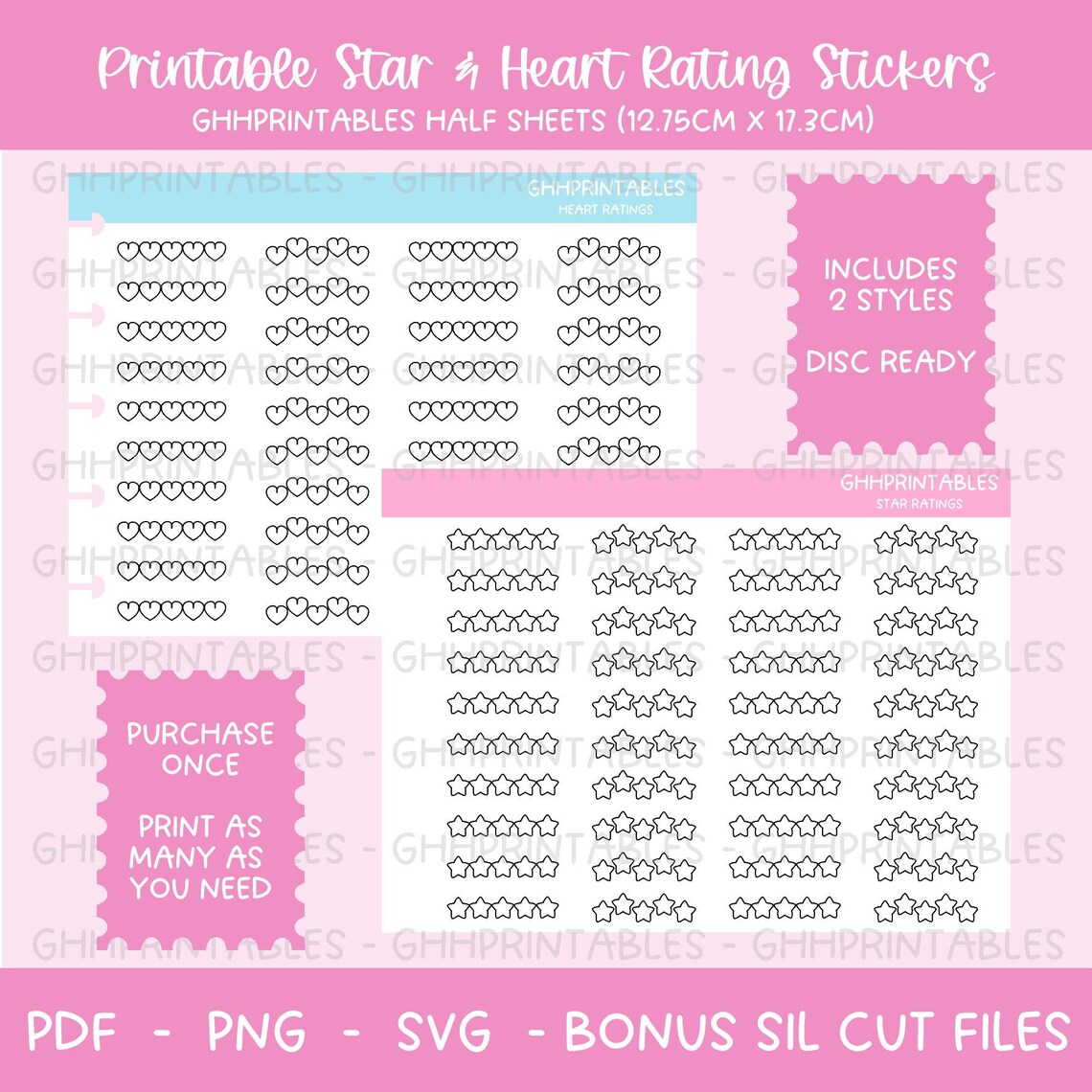 5 Star and Heart Rating DIGITAL & PRINTABLE Stickers, Silhouette ...