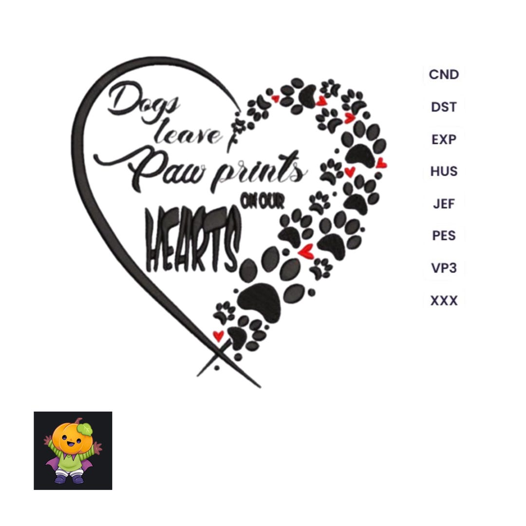 Dogs Leave Paw Prints on Hearts Embroidery Design Embroidery Dogs ...