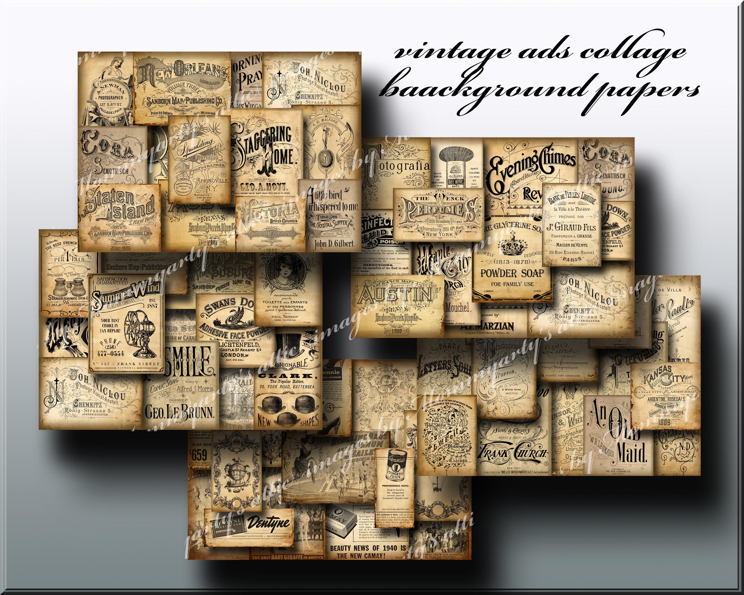 Vintage Ads Collaged Background Papers in Grungy Neutrals for ...