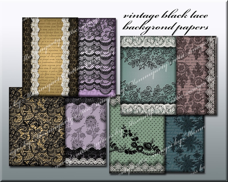 Vintage Black Lace Printable Papers on Coloured Backgrounds and Layered ...