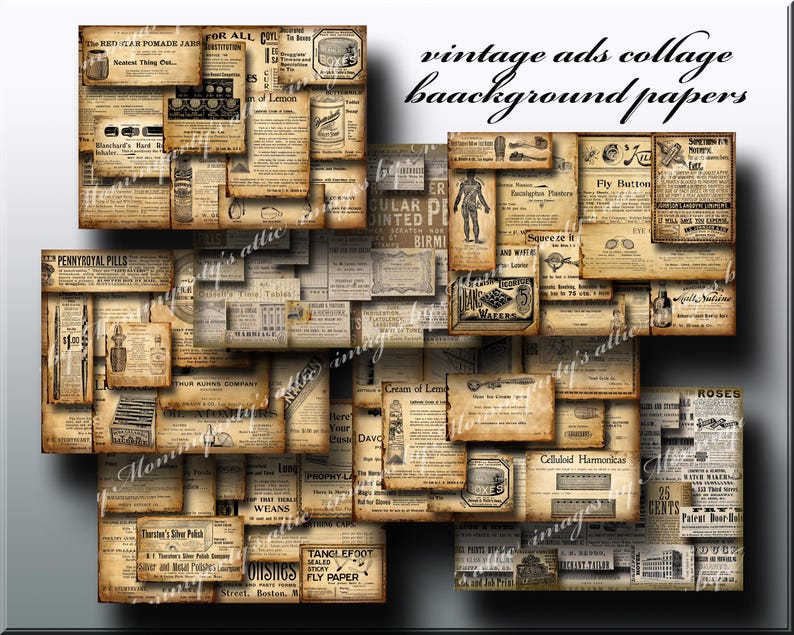 Vintage Ads Collaged Background Papers in Grungy Neutrals for ...