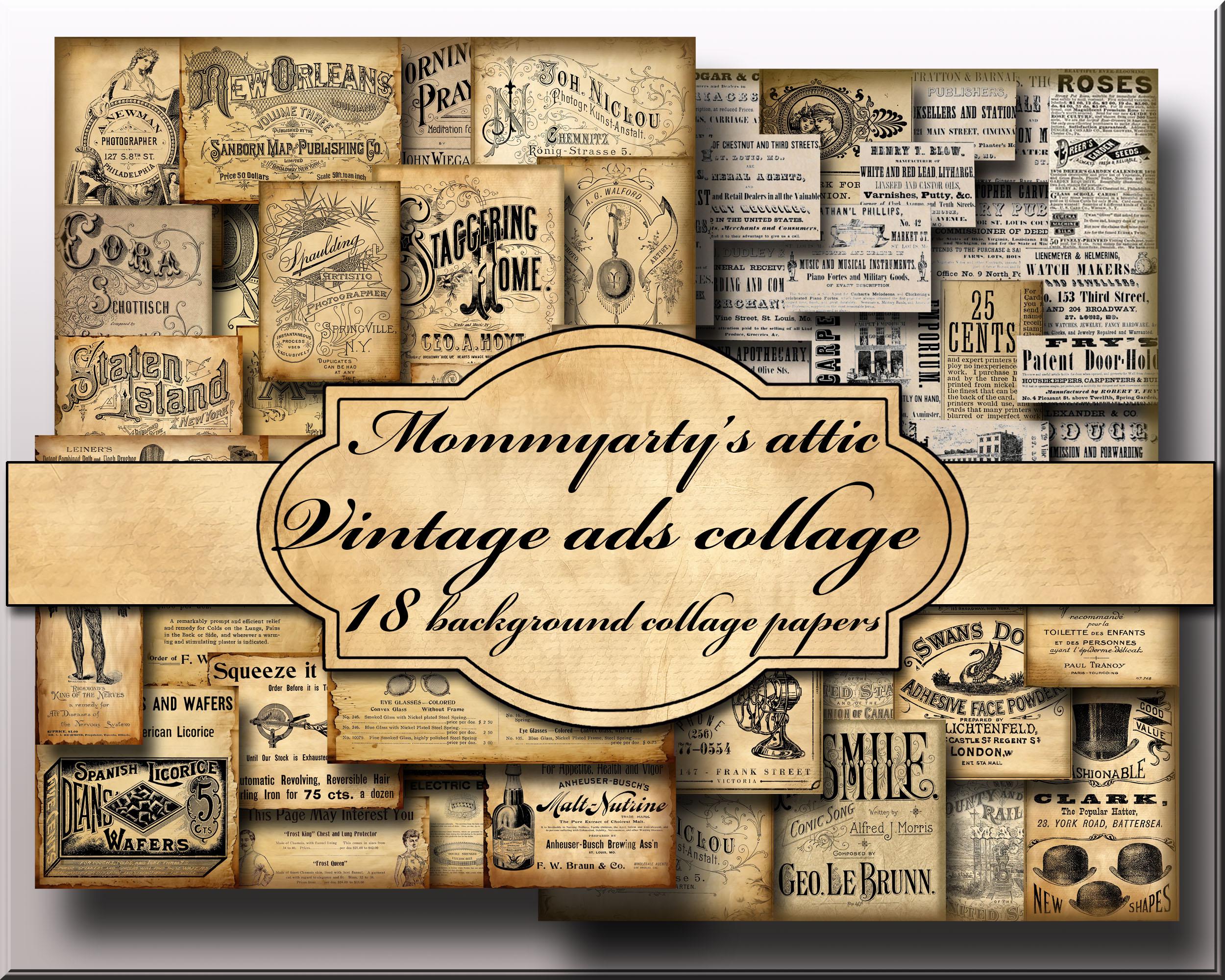 Vintage Ads Collaged Background Papers in Grungy Neutrals for ...