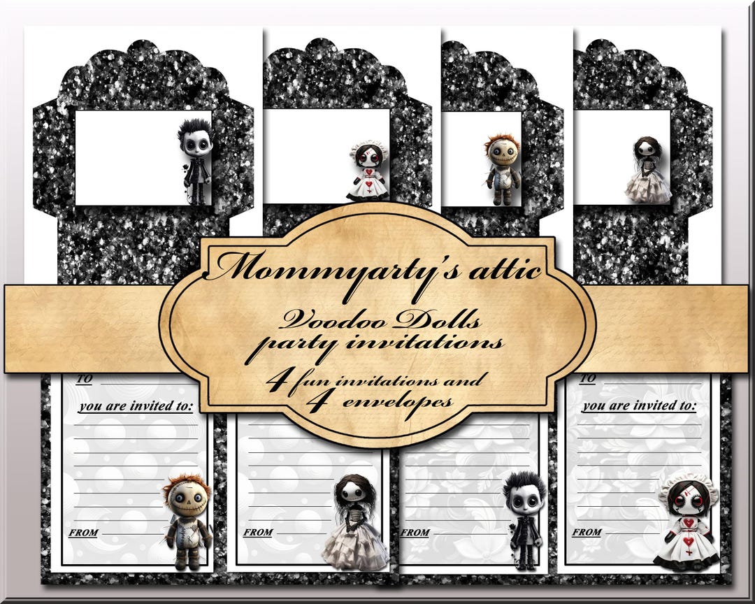Voodoo Dolls Halloween Printable Party Invitations. Black and White for ...