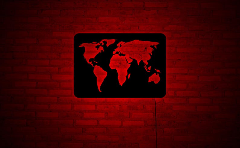 World Map RGB Wall Light, World Map Lighted up Wall Sign, Office Wall ...