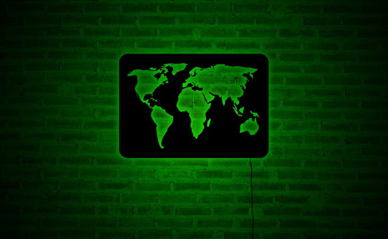 World Map RGB Wall Light, World Map Lighted up Wall Sign, Office Wall Decor, World Map With LED ...