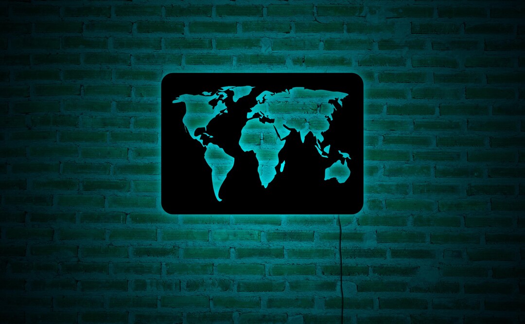 World Map RGB Wall Light, World Map Lighted up Wall Sign, Office Wall ...