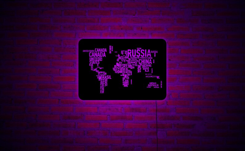 World Map RGB Wall Light, World Map Lighted up Wall Sign, Office Wall ...