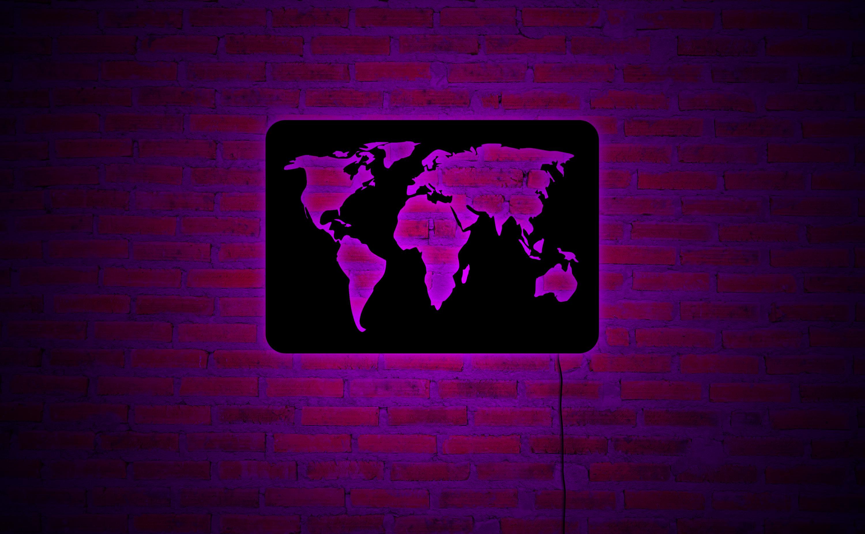 World Map RGB Wall Light, World Map Lighted up Wall Sign, Office Wall ...