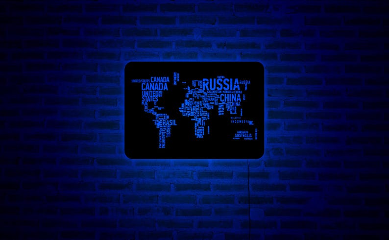 World Map RGB Wall Light, World Map Lighted up Wall Sign, Office Wall ...