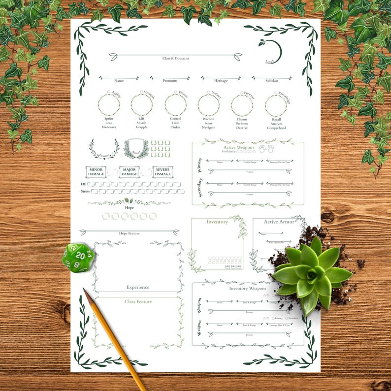 Daggerheart Character Sheet: Verdant Paths Theme (PDF) - Etsy