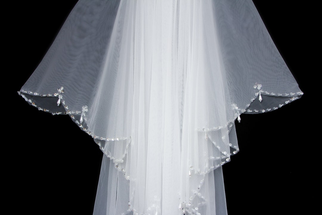 Crystal Bridal Veil, Beaded Bridal Veil, Hip Length Veil, Pearls Edge ...