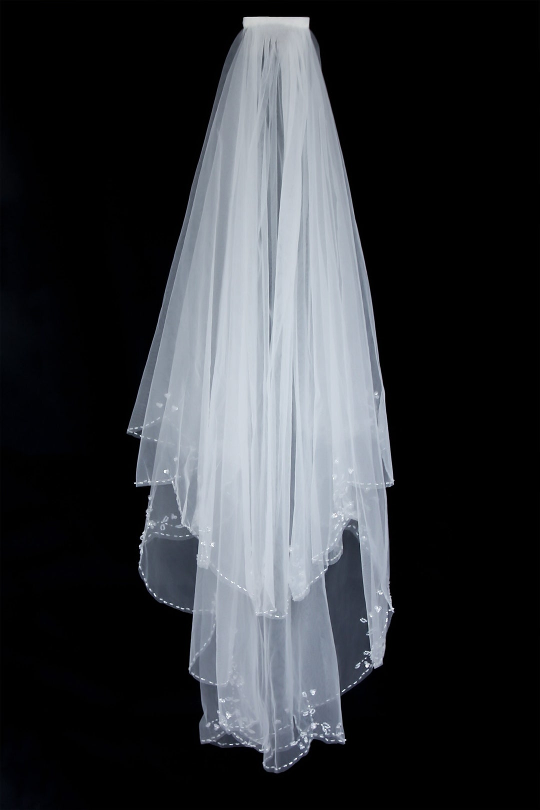 Crystal Bridal Veil W/ Beading Sequin Faux Pearl, Hip Length Veil ...
