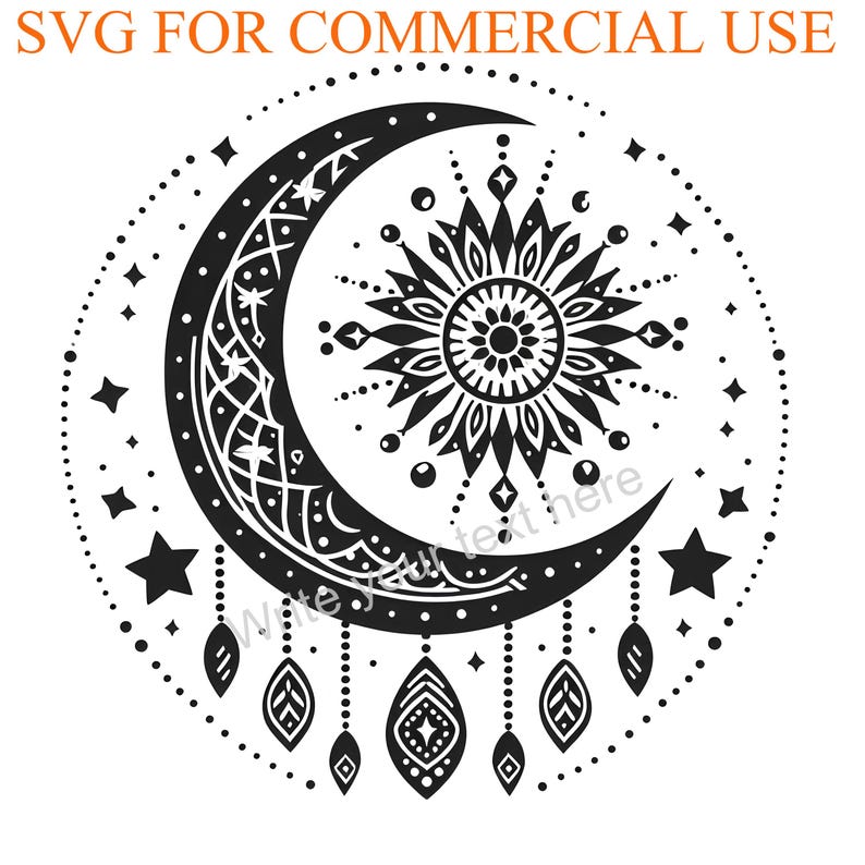 Boho Moon and Stars SVG Digital File, Vector Graphic Design Print Laser ...