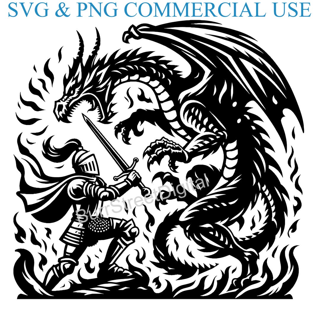 Knight Fighting Dragon SVG & PNG Digital Files, Vector Graphic Design ...