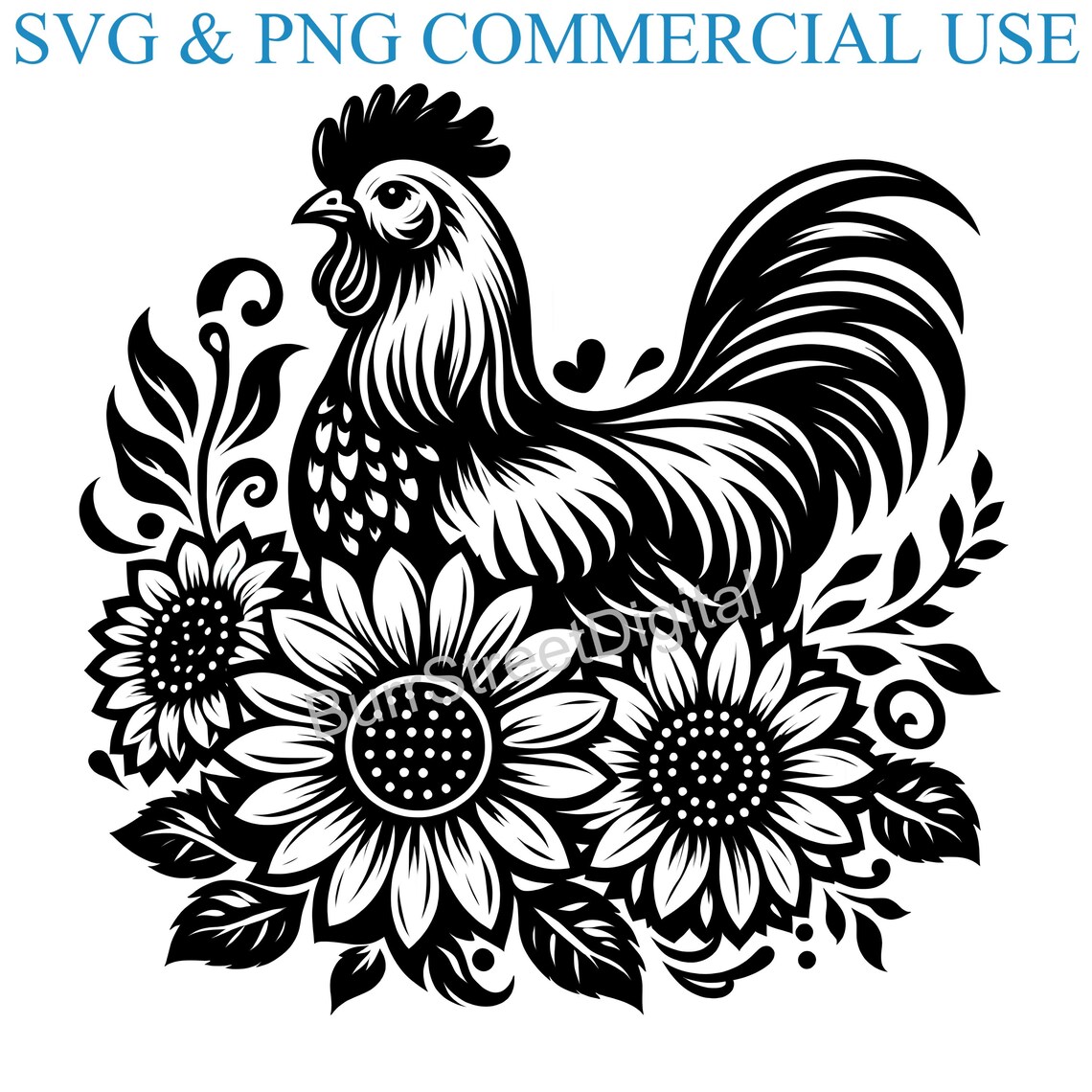 Chicken With Sunflowers SVG & PNG Digital Files, Vector Graphic Design ...