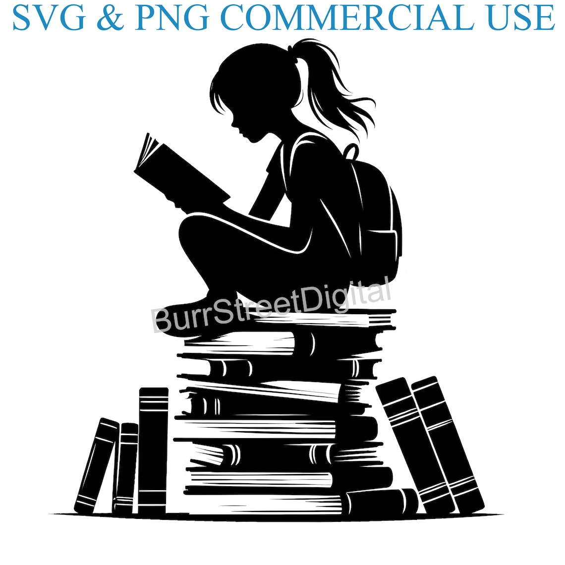 Girl Reading Books SVG & PNG Digital Files, Vector Graphic Design Print ...