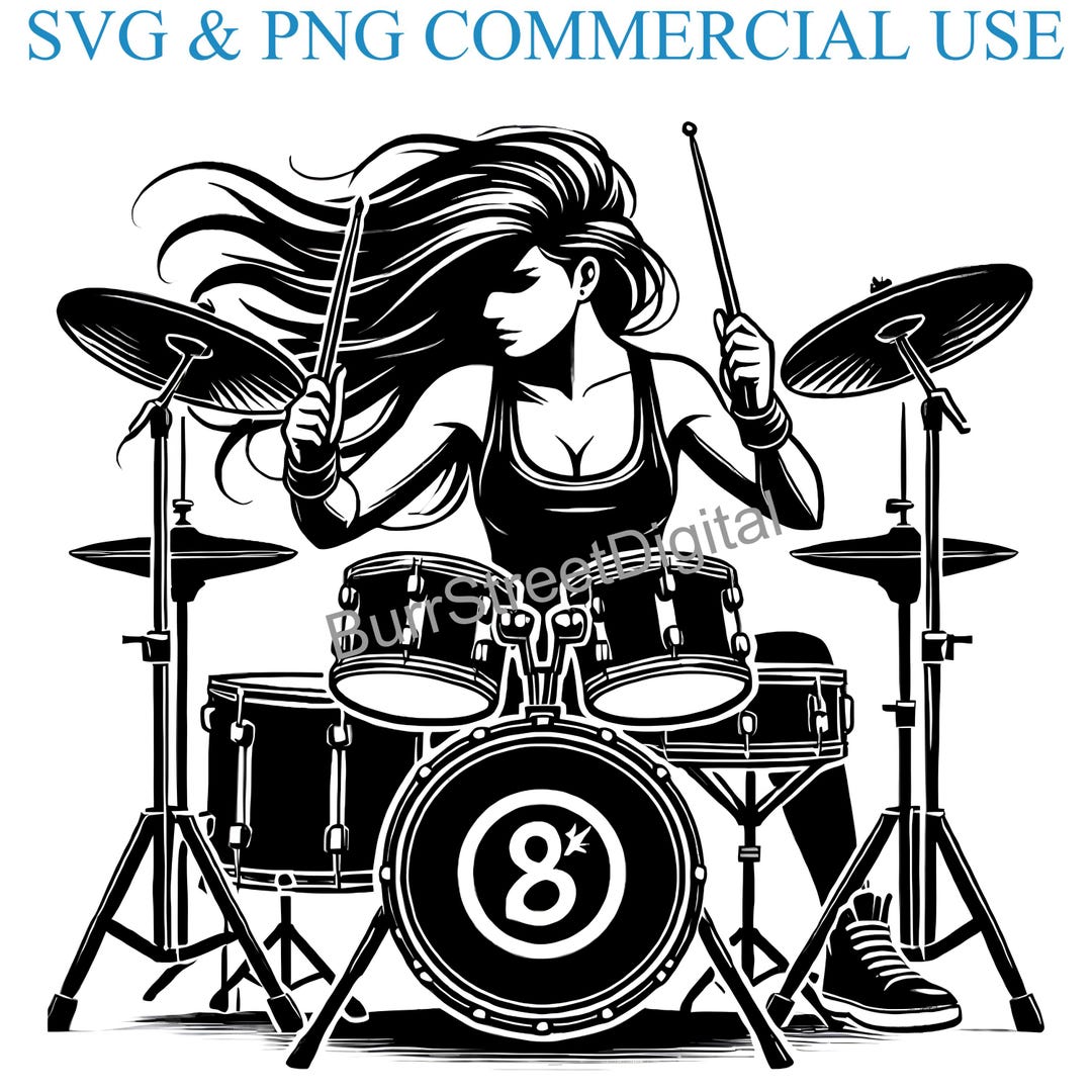 Female Rock Drummer SVG & PNG Digital Files, Vector Graphic Design ...