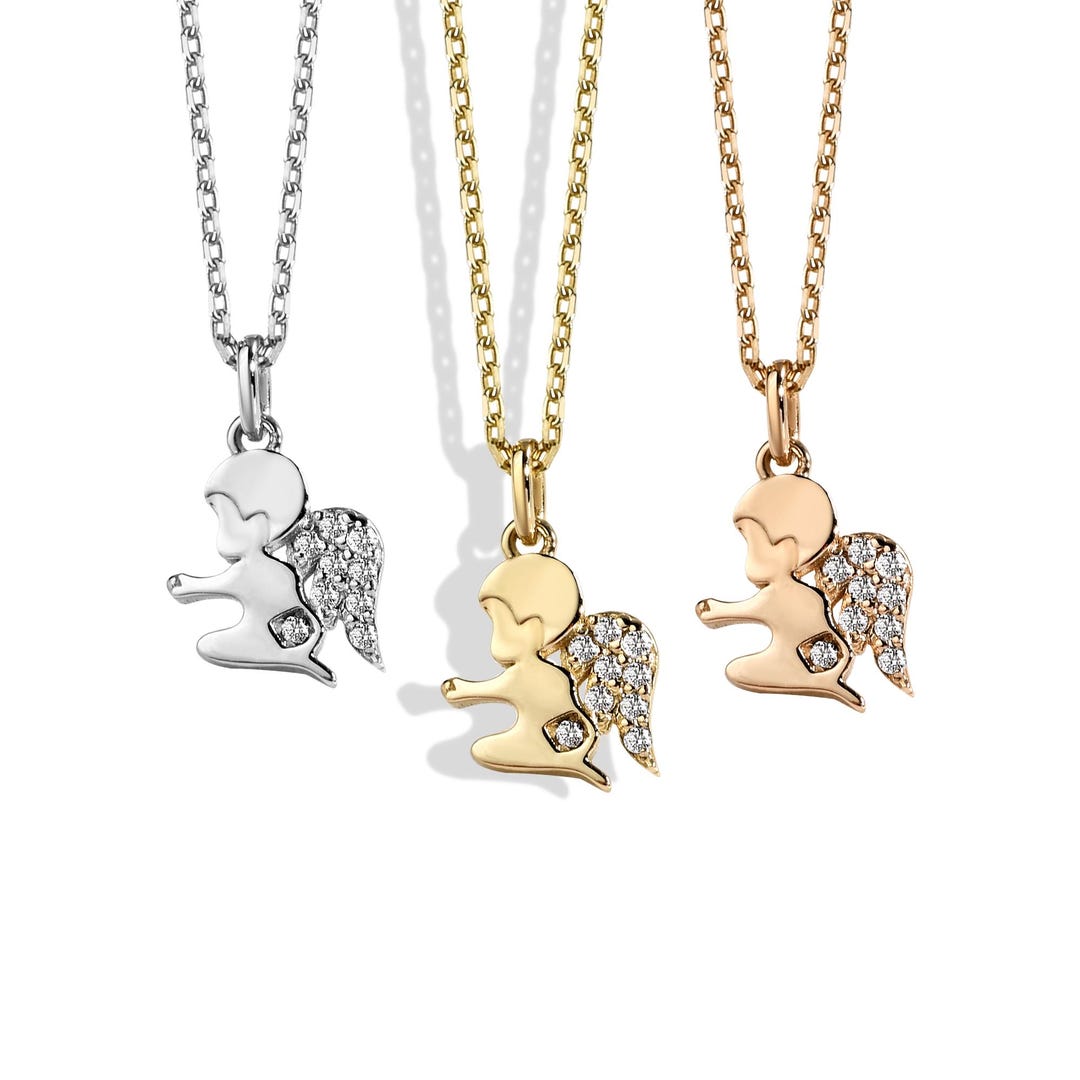 Angel Necklace in 14K Real Gold | Diamond Guardian Angel Pendant ...