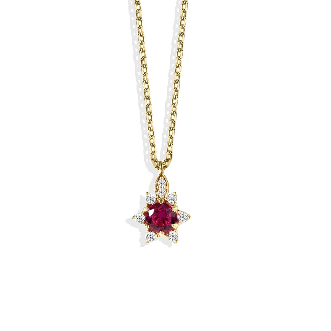 14K Gold Star Ruby Necklace With Diamond Halo - July Birthstone - Etsy