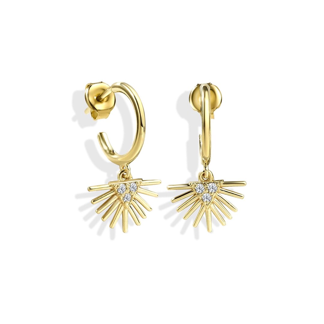 14K Gold Diamond Stud Earrings, Triangle Sunbeam Design - Etsy