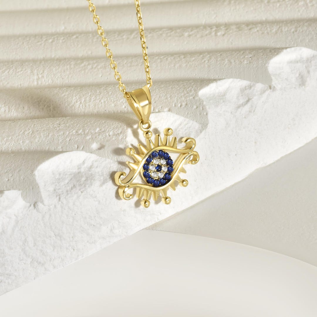 14K Gold Evil Eye Beaded Diamond Necklace, Sapphire Birthstone Beaded ...