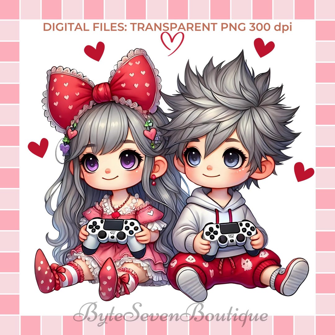 Kawaii Chibi Clipart Cute Gamer Couple Clipart Valentine PNG Graphic ...