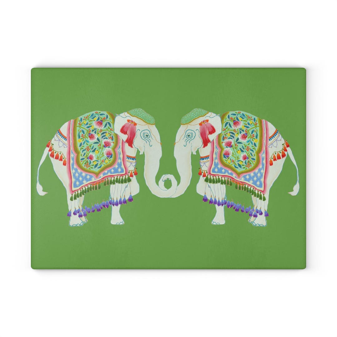 Green Pink Boho Floral Elephants Glass Cutting Board - Etsy