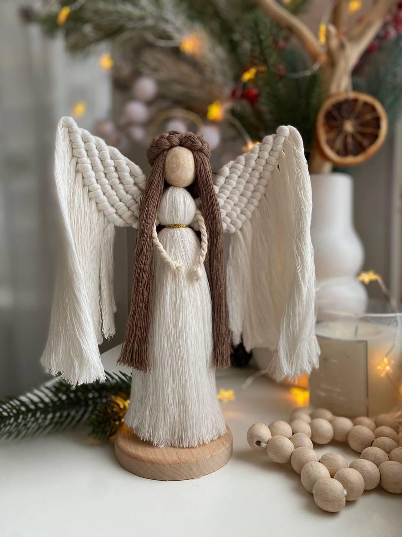 Handmade Macrame Angel With Wooden Base, Macrame Christmas Angel ...
