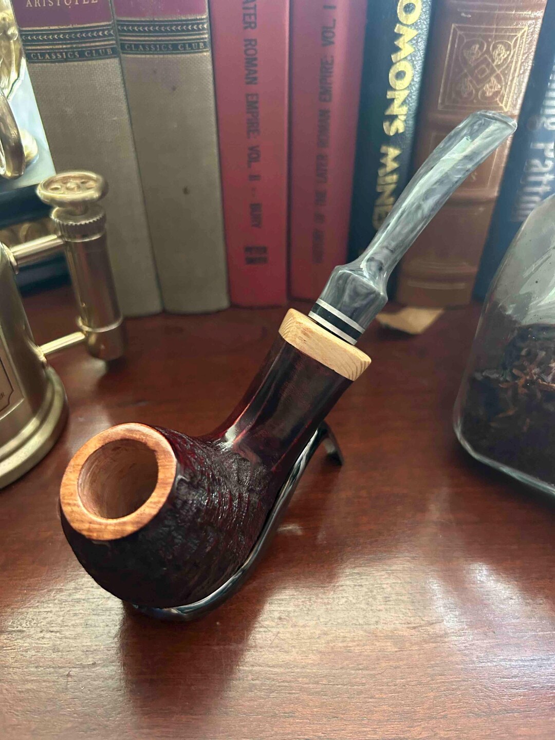 Freehand Rusticated Briar Pipe With Oak Accents and Grey Marbleized ...